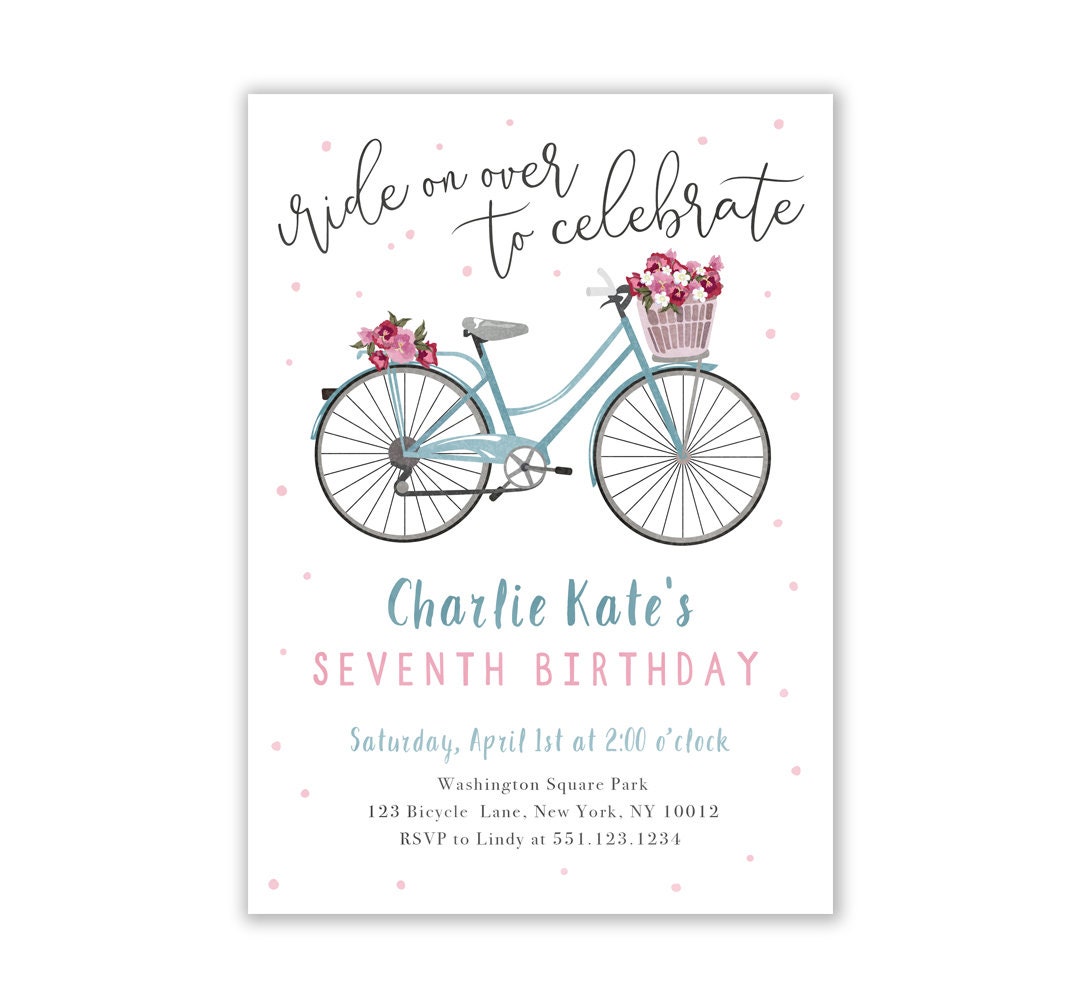 Bicycle Party Invitation, Bicycle Girl Invitation, Bicycle Flowes ...