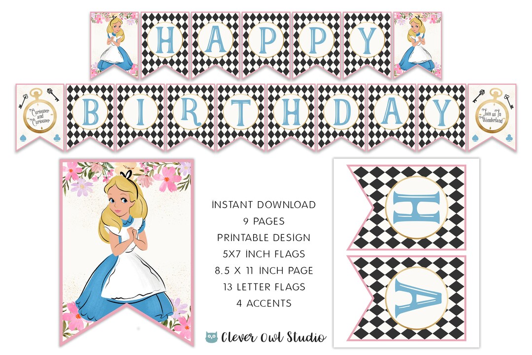 Alice in Wonderland Birthday Banner, Printable Party Decor (instant ...