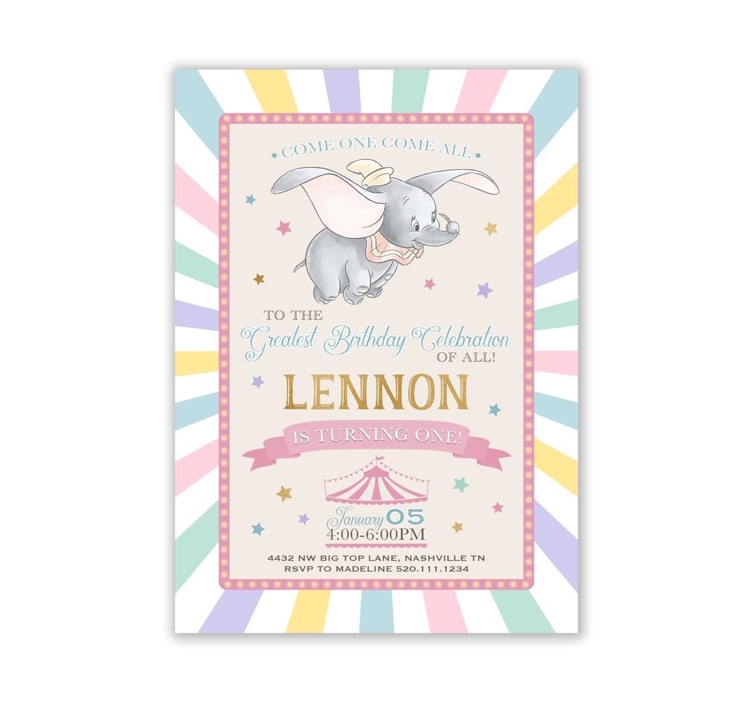Dumbo Birthday Invitation, Dumbo Girl Birthday Invitation, Dumbo Party ...