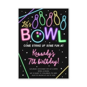 Bowling Invitation, Glow Bowling Invites, Bowling Party Invitation ...