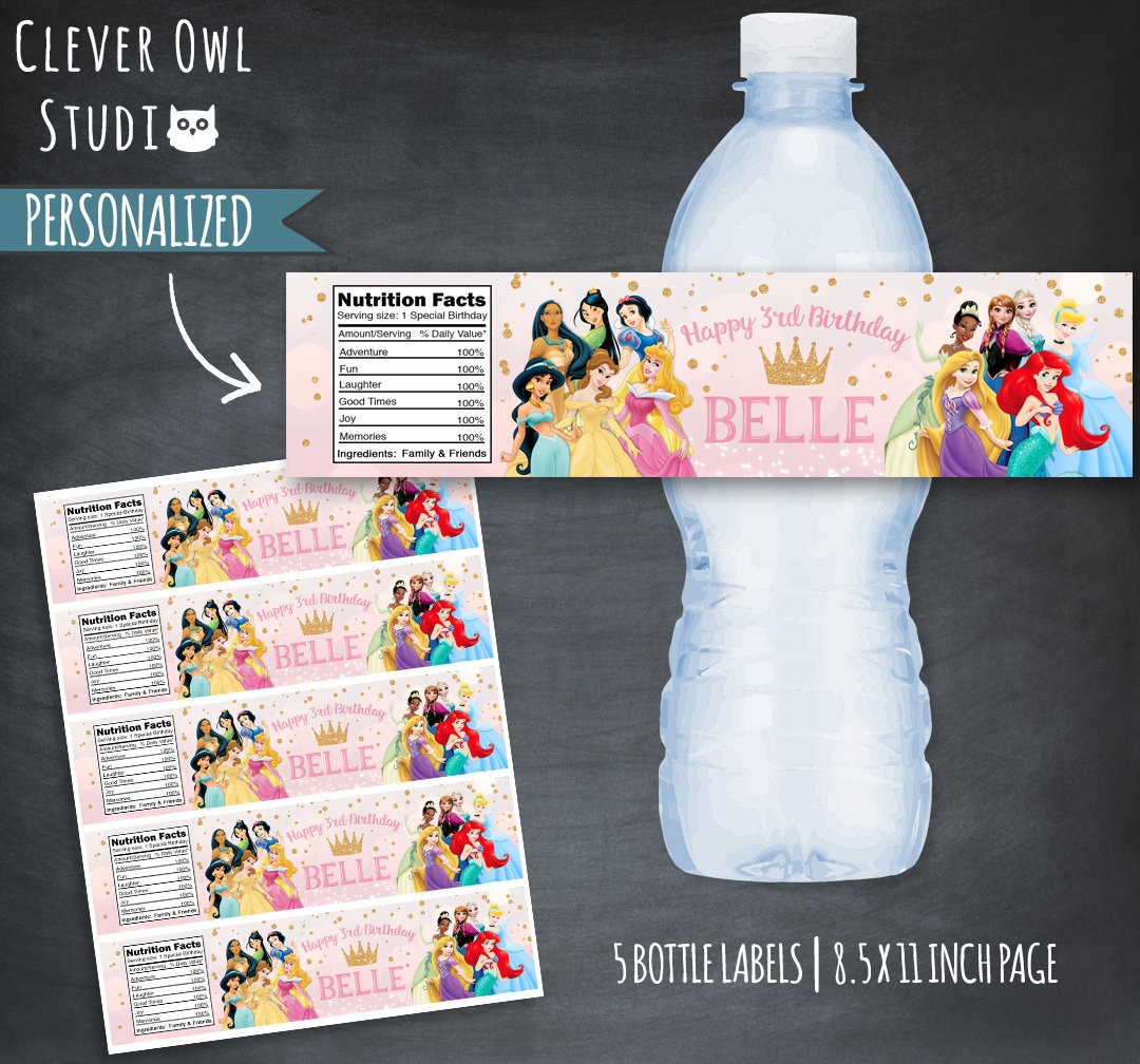Princess Bottle Labels, Princesses Bottle Labels, Princess Birthday ...