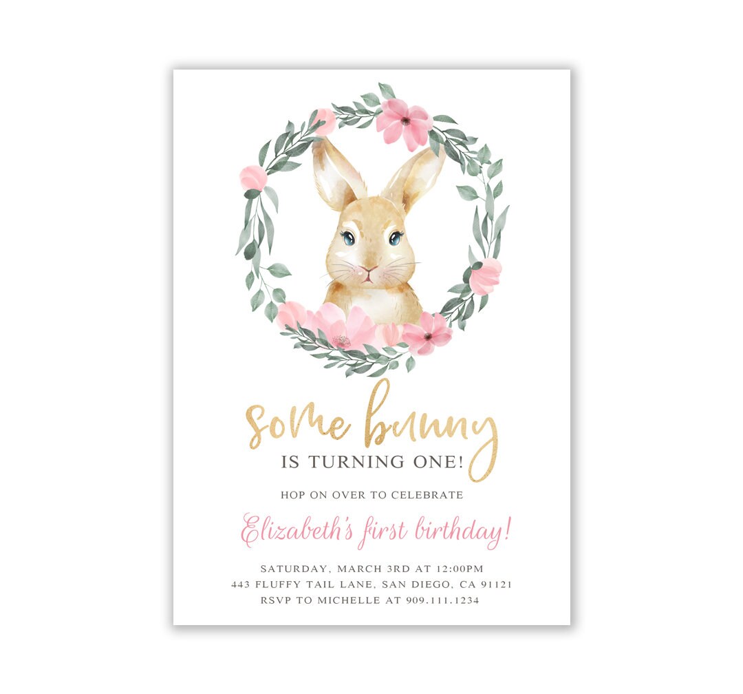 Bunny Birthday Invitation, Cute Bunny Girl Birthday Party Invitation ...