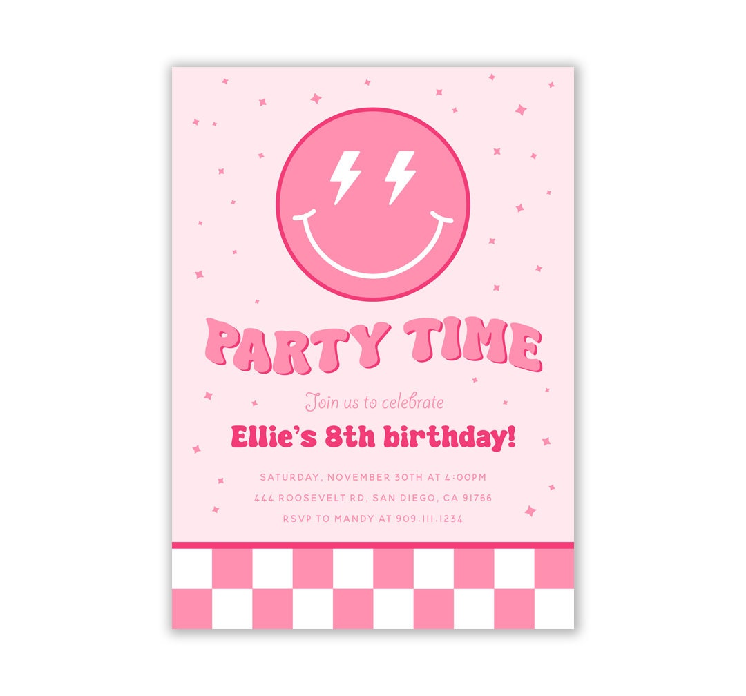 Smile Face Preppy Party Bday Printable Invite, Smile Pink Face ...