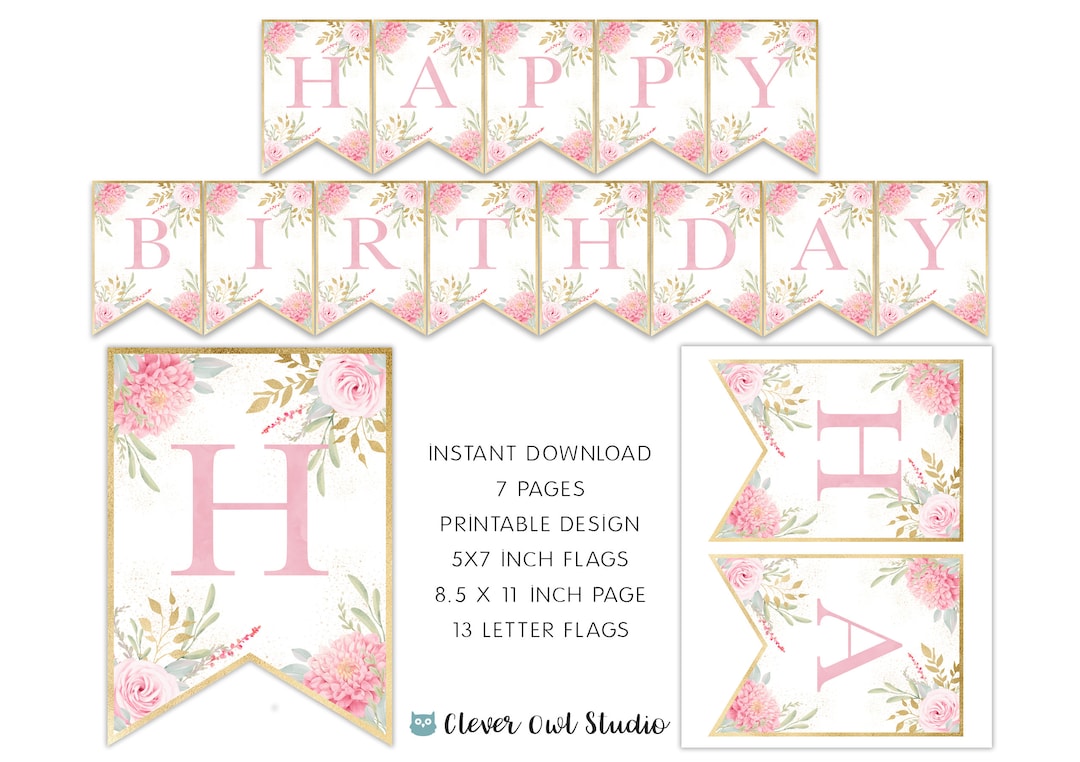 Pink Floral Birthday Banner, Gold Glitter (digital Download) - Etsy