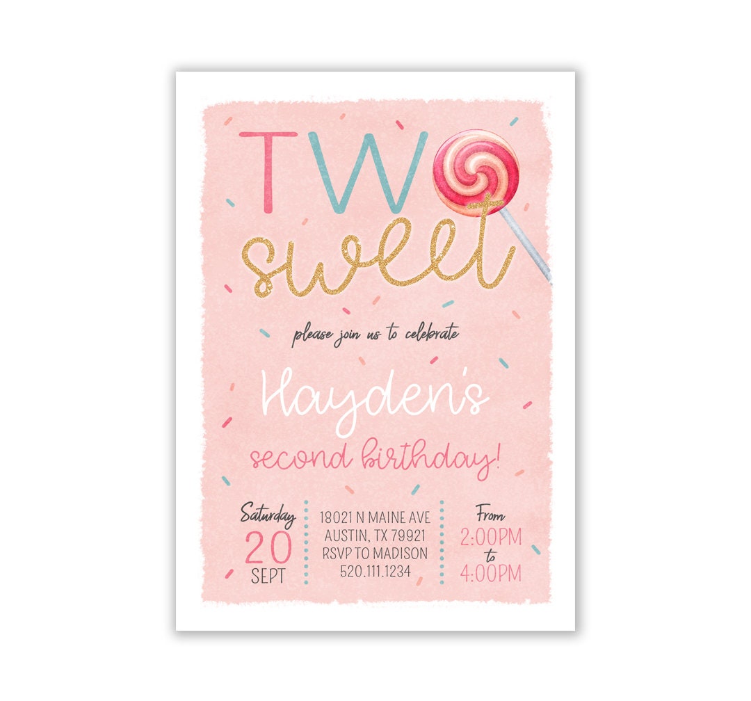Two Sweet Invitation, Sweet One Invitation, Two Sweet Birthday, Two ...
