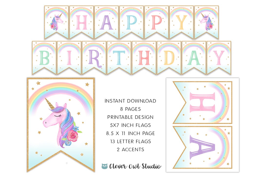 Unicorn Birthday Banner, Rainbow Theme, Bunting Flags (digital Download ...