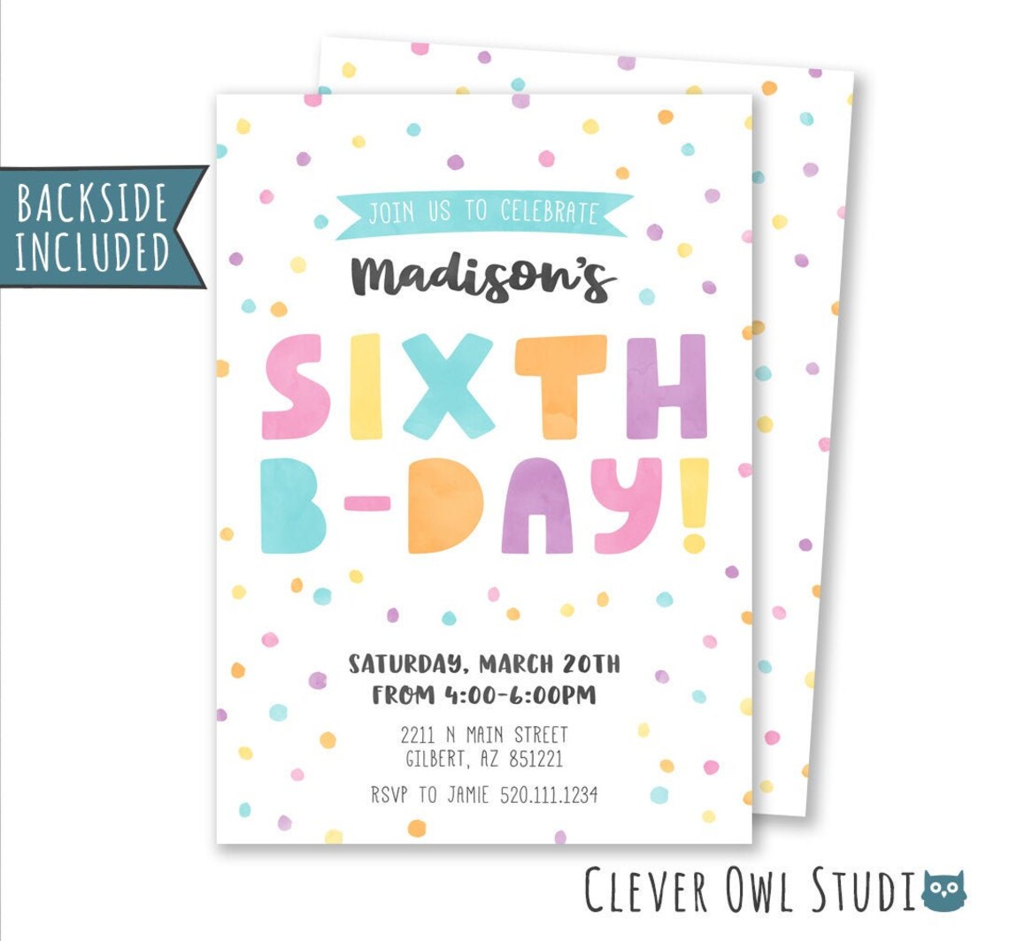 Colorful Confetti Invitation 6th Birthday Invitation Fun - Etsy