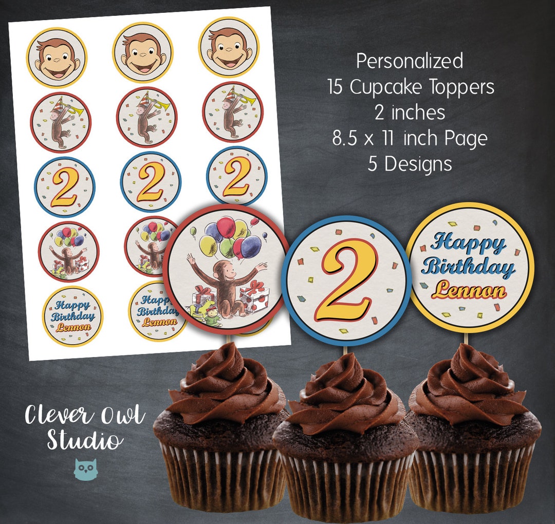 Personalized Curious George Cupcake Toppers, Birthday Party (digital ...