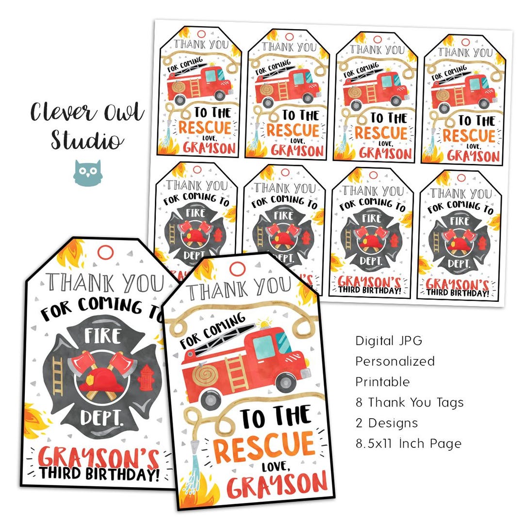 Fire Truck Thank You Tags, Firefighter Tags, Fire Truck Tags, Fire ...