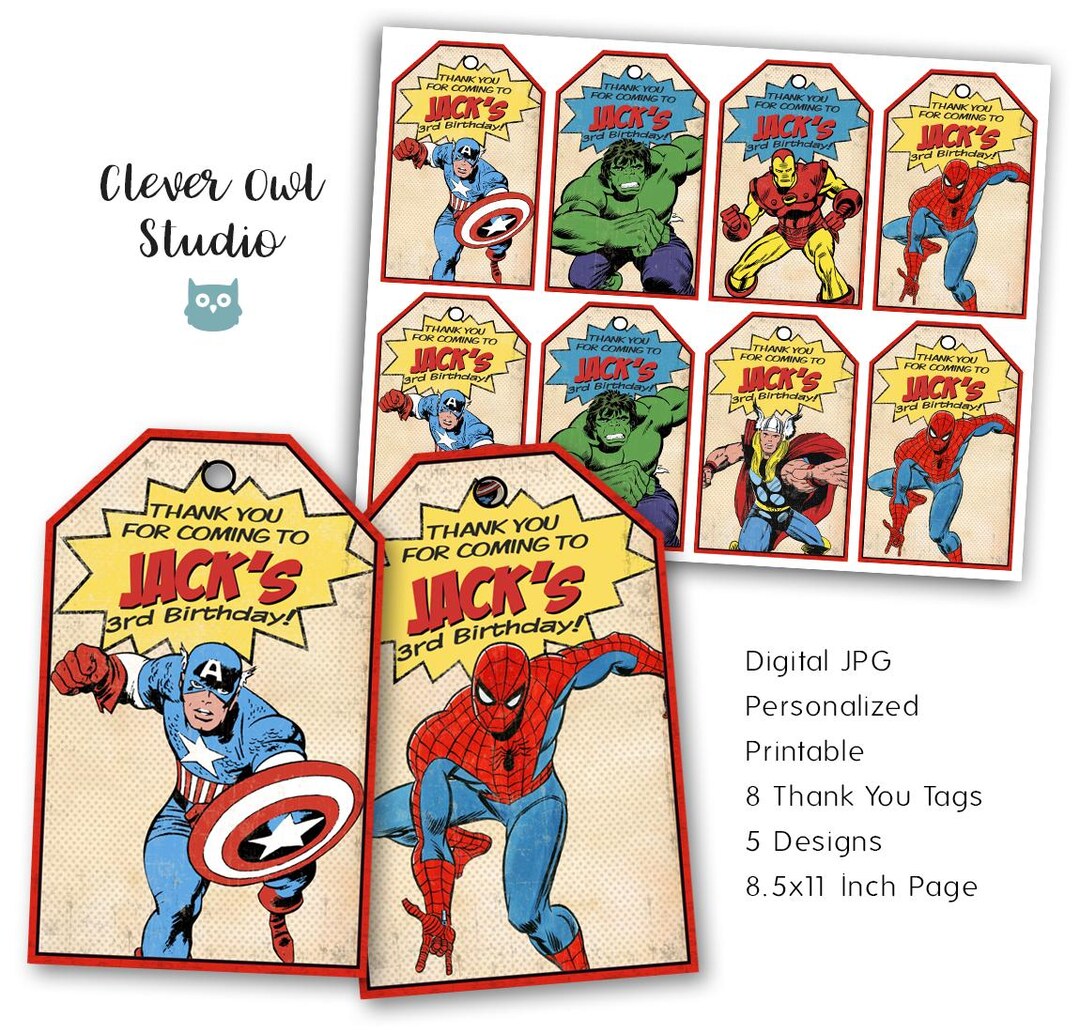 Comic Book Thank You Tags, Superheroes Tags, Comic Book Theme Party ...