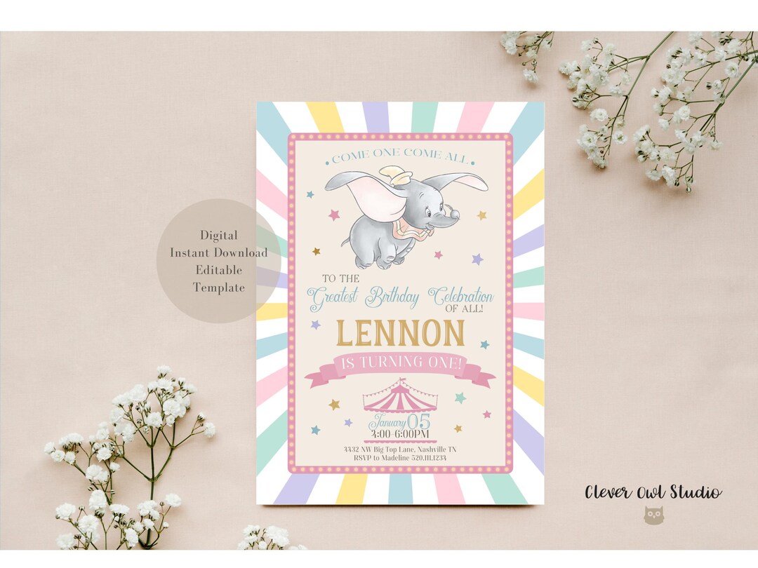 Dumbo Birthday Invitation, Circus Carnival Theme (digital) - Etsy