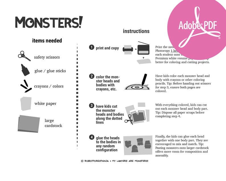 Monsters! - Cut and Paste Craft for Kindergarten Kids (download) - Etsy