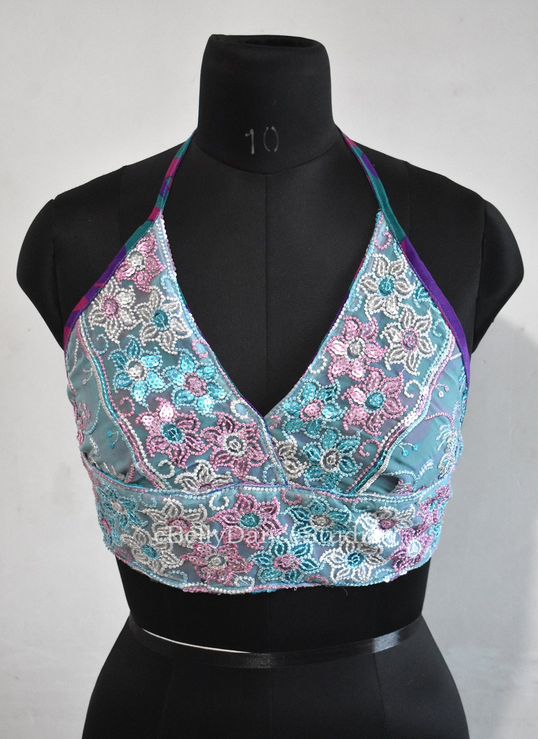 Sequin Halter Top, Sky Blue Embroidered Bralette, Festival Belly Dance ...