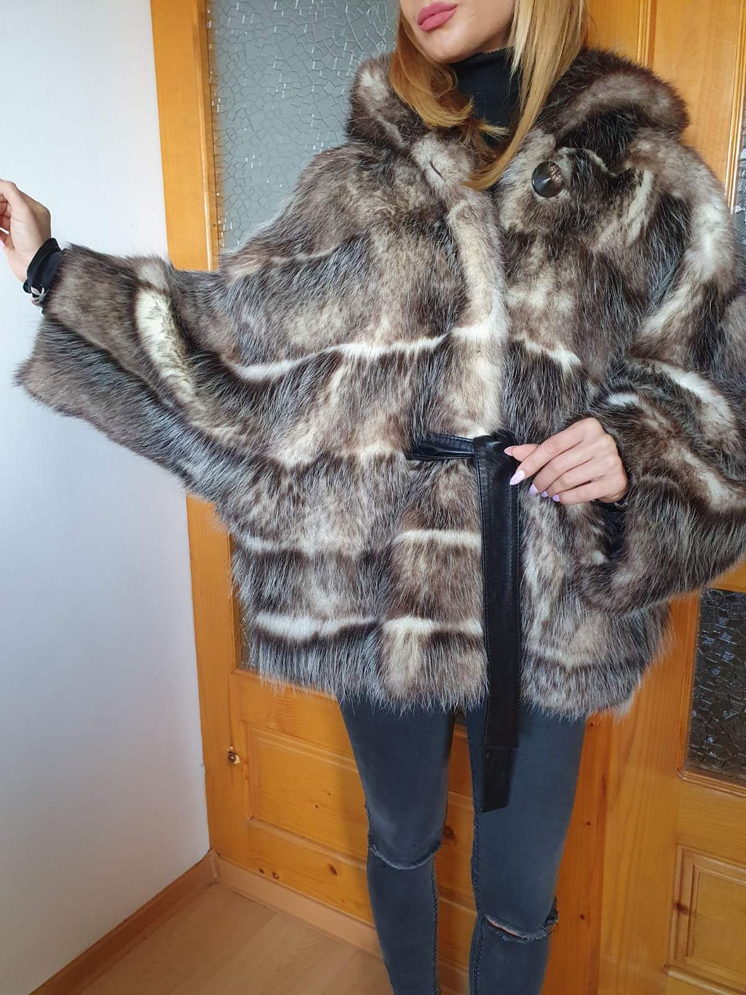 Vintage Real Raccoon Fur Coat, Racoon Fur Jacket With Hood, Hooded Fur ...