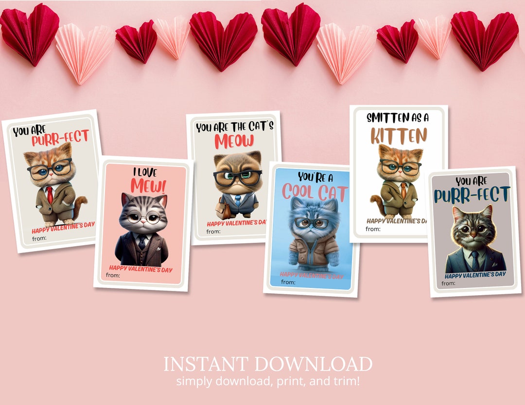 Printable Cat Pun Valentine's Day Cards, Classroom Valentine's Day ...