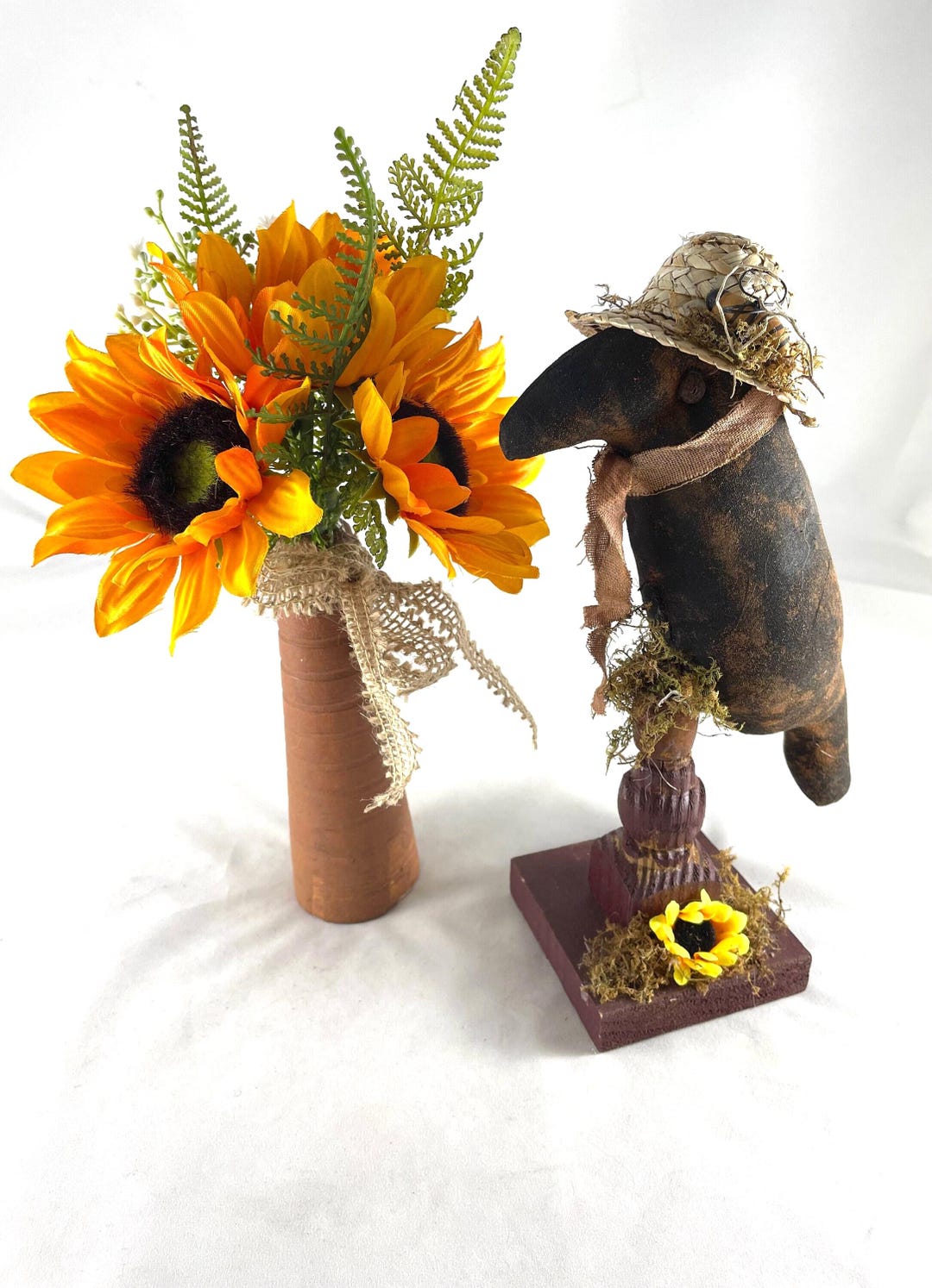 2 Pc. Black Crow W Sunflowers, Handmade Prim Crow on Vintage Spindle ...