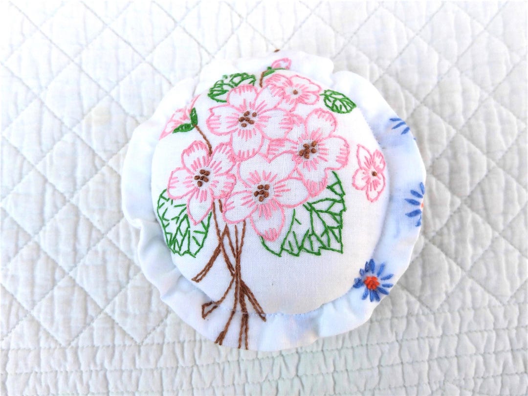 Vintage Embroidered Linen Pincushion: Floral Kitchen Tart Tin Accent - Etsy