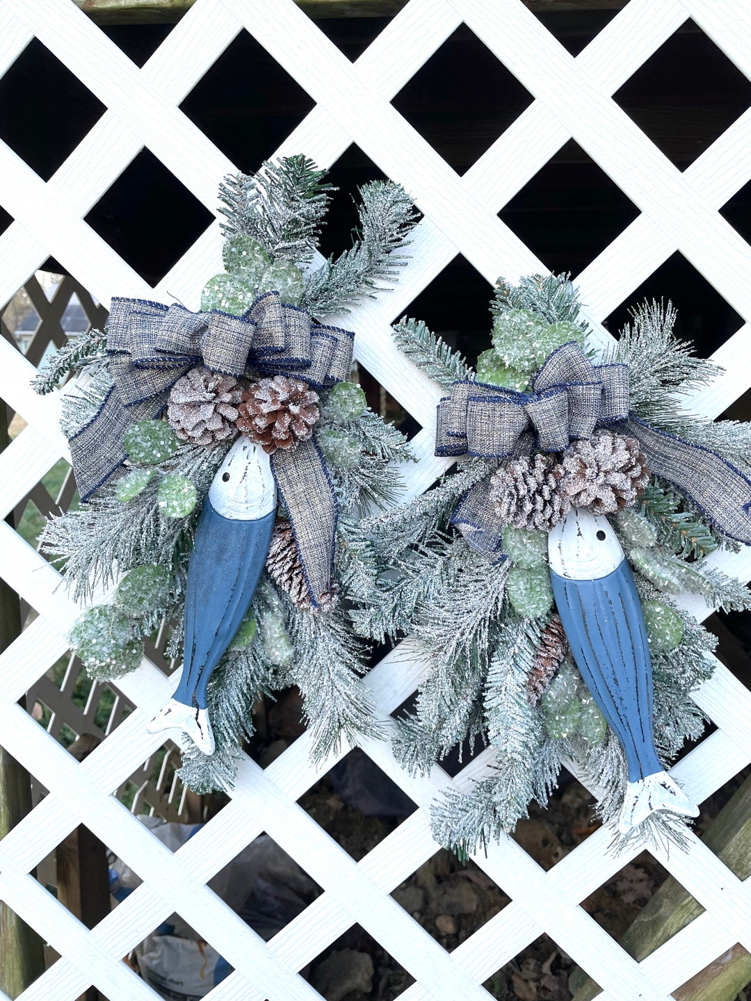 2 Pc 15 Coastal Nautical Pine Fish Swags, Christmas Teardrop Door ...