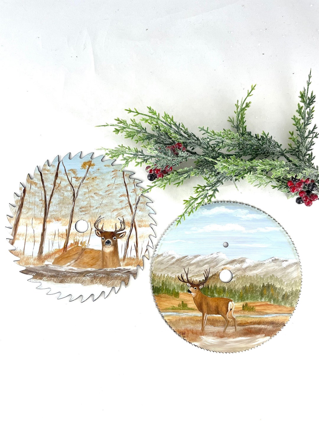 Cabin Lodge Deer Decor, 2 Pc. Painted Deer Saw Blades, Man Cave Wall ...