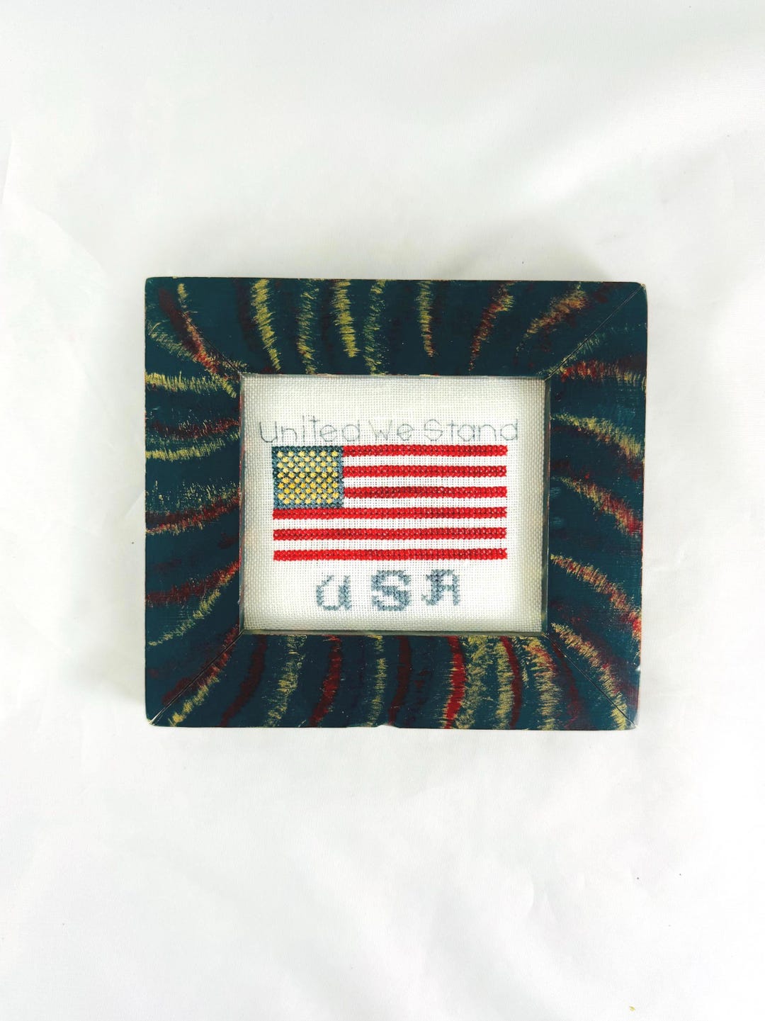USA Prim Handmade American Flag Cross Stitch Sign, United We Stand Folk ...