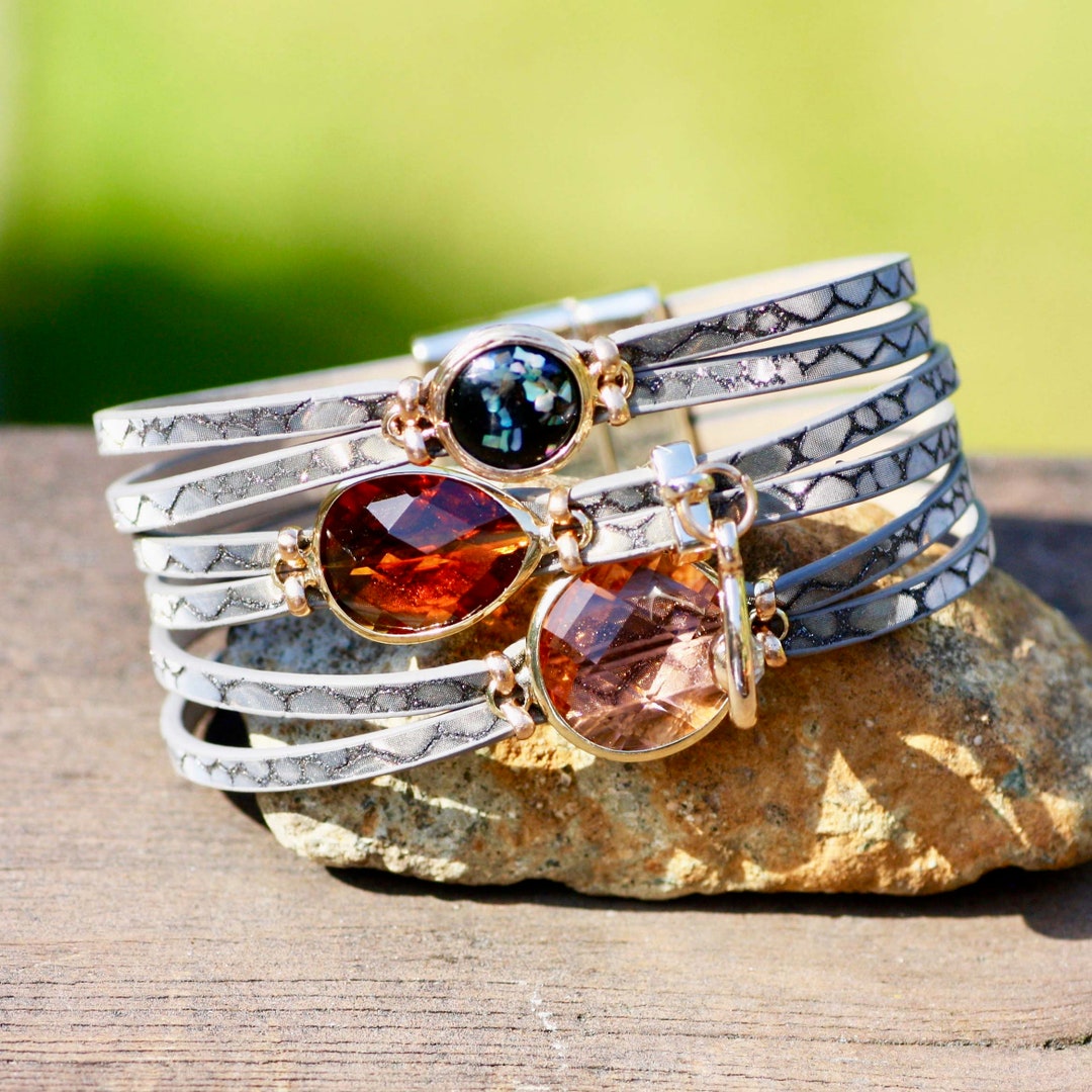 Sparkly Beige Faux Leather Multi Color Gem Bracelet Handmade - Etsy