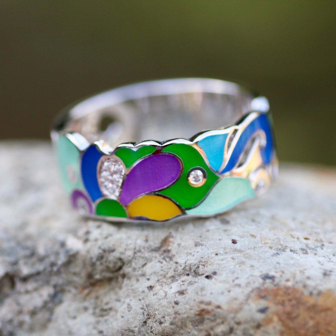 Enamel Magnolia Band Sterling Silver 925 Wide Ring Wedding - Etsy Canada