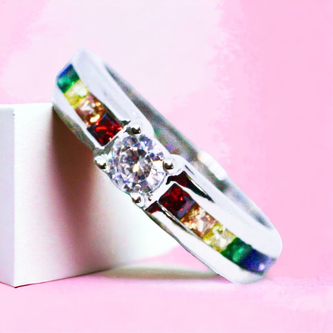 Rainbow Engagement Ring Silver , Pride Ring , Promise Ring , CLEARANCE - Etsy