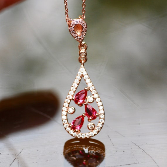 Lab Made Pink Ruby Pendant 14k Rose Gold Vermeil July - Etsy