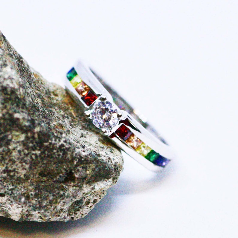 Rainbow Engagement Ring Silver Pride Ring Promise Ring - Etsy