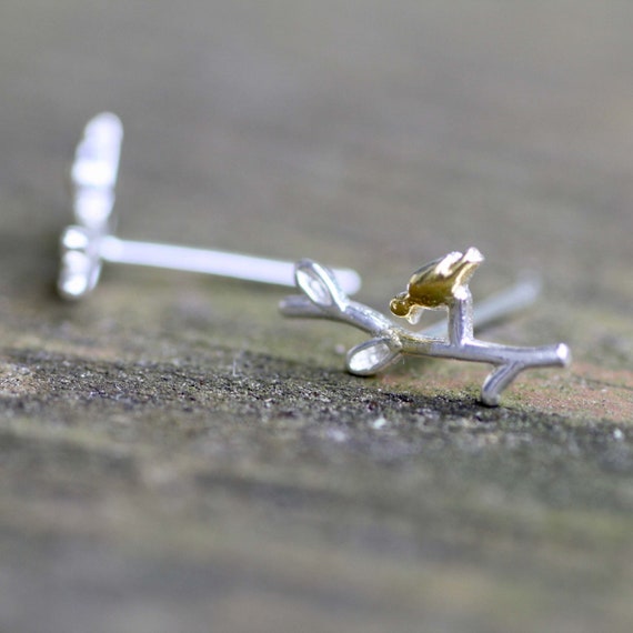 BreitJewelryDesigns Bird On Branch Stud Earrings Sterling Silver 925 Minimalist Jewelry from Canada