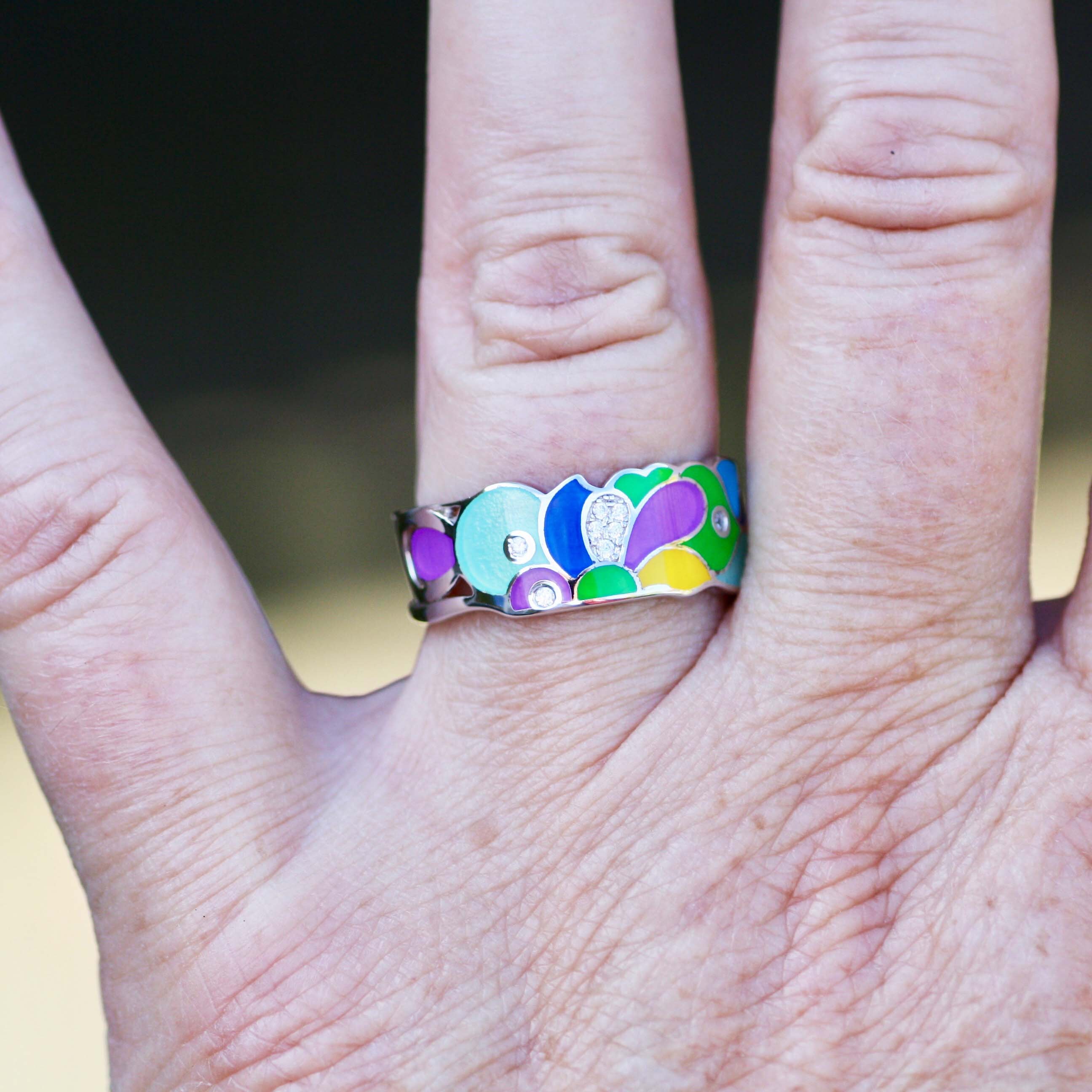 Enamel Magnolia Band Sterling Silver 925 Wide Ring Wedding | Etsy