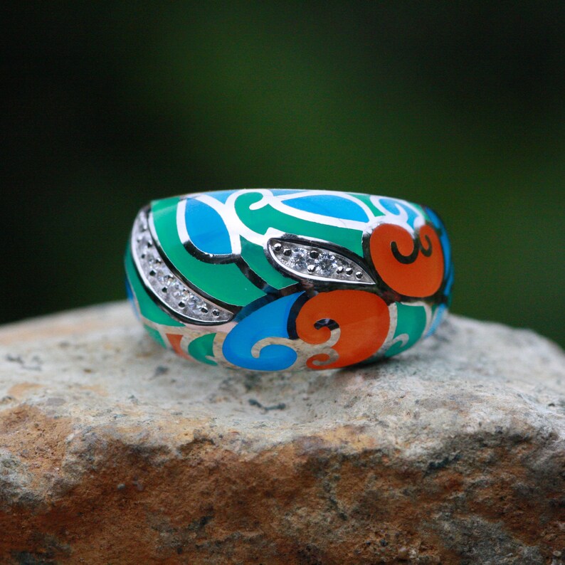 Colorful Leaves Stained Glass Look Enamel Band Sterling Silver - Etsy