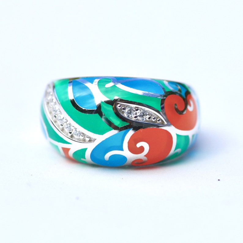 Colorful Leaves Stained Glass Look Enamel Band Sterling Silver - Etsy