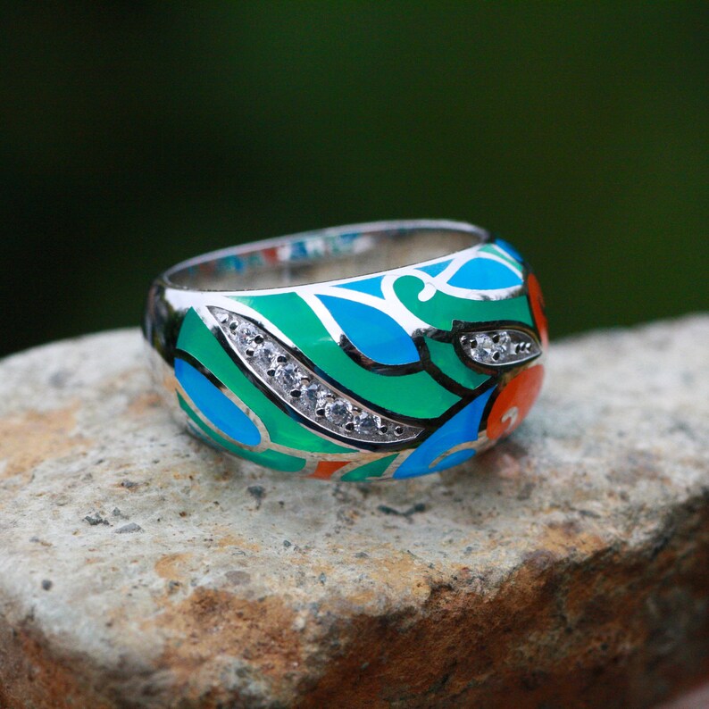 Colorful Leaves Stained Glass Look Enamel Band Sterling Silver - Etsy