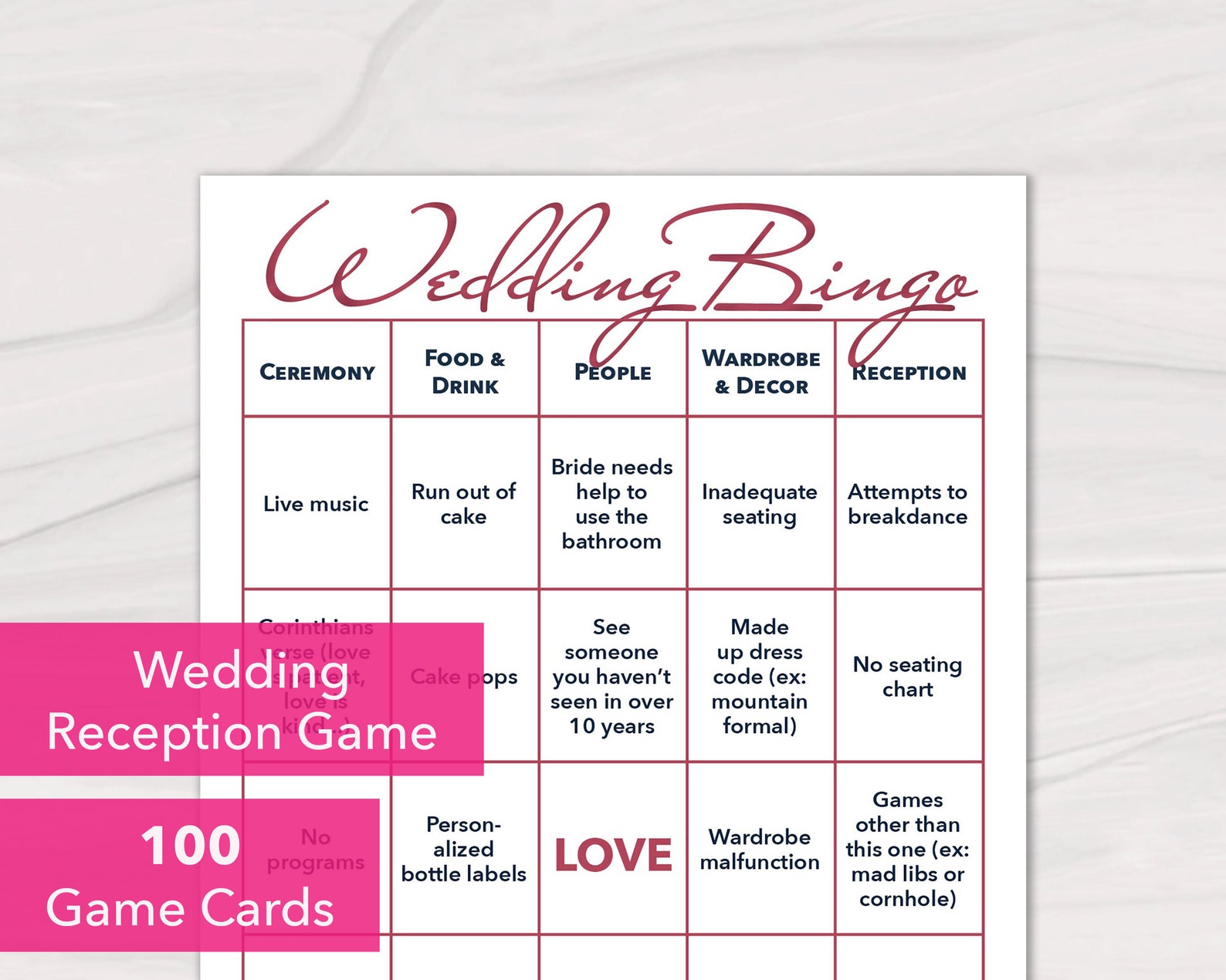 100 Printable Wedding Bingo Game Cards: the Wedding Reception - Etsy