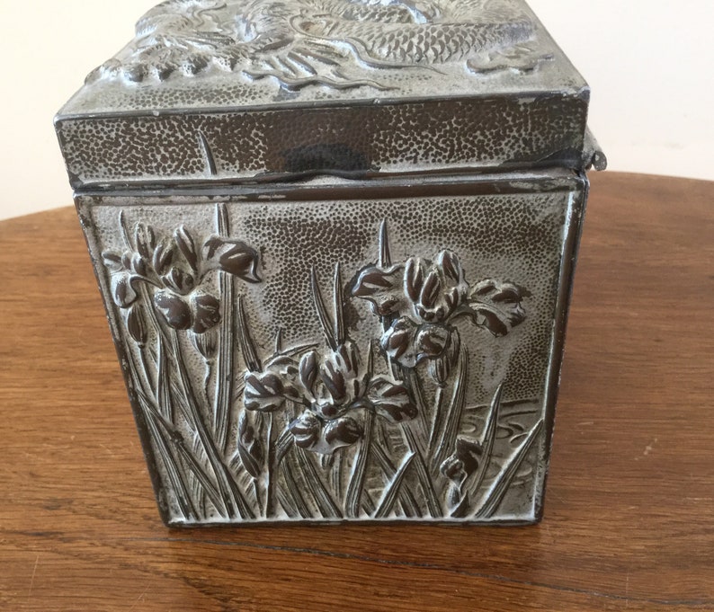 Trinket Box of Oriental Metal Verdigris Embossed With a Dragon and ...