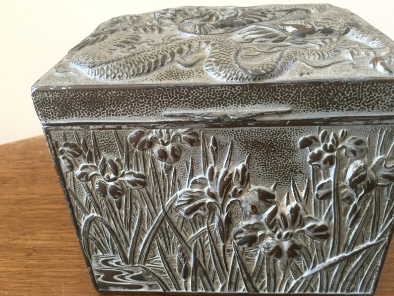 Trinket Box of Oriental Metal Verdigris Embossed With a Dragon and ...
