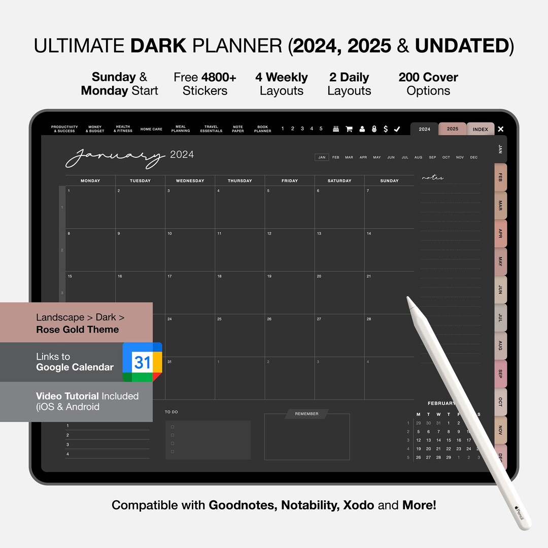 2024 Daily Digital Journal Dark Mode, Digital Planner Landscape Format ...