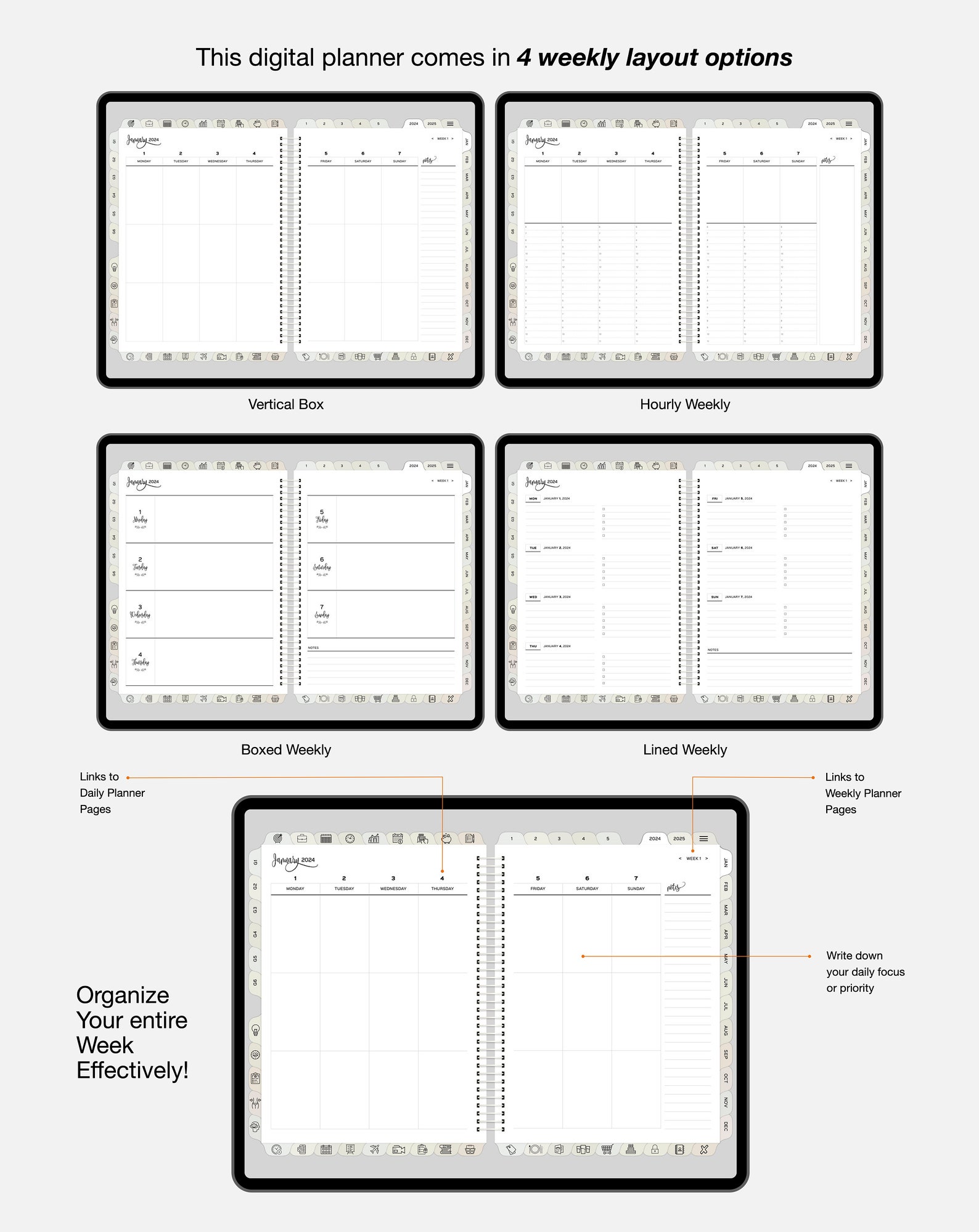 2024 2025 Digital Planner, Light Mode Landscape Digital Planner, iPad ...