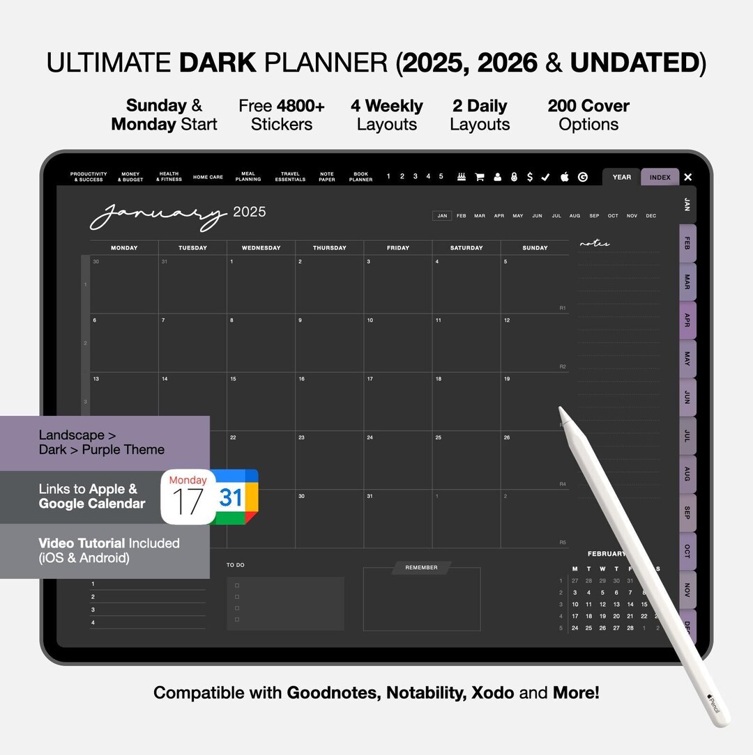 2025 Dark Digital Notebook, Digital Note Taking Templates for Goodnotes ...