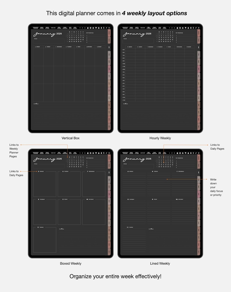 2026 Undated Dark Mode Digital Planner, Goodnotes & Notability Journal ...