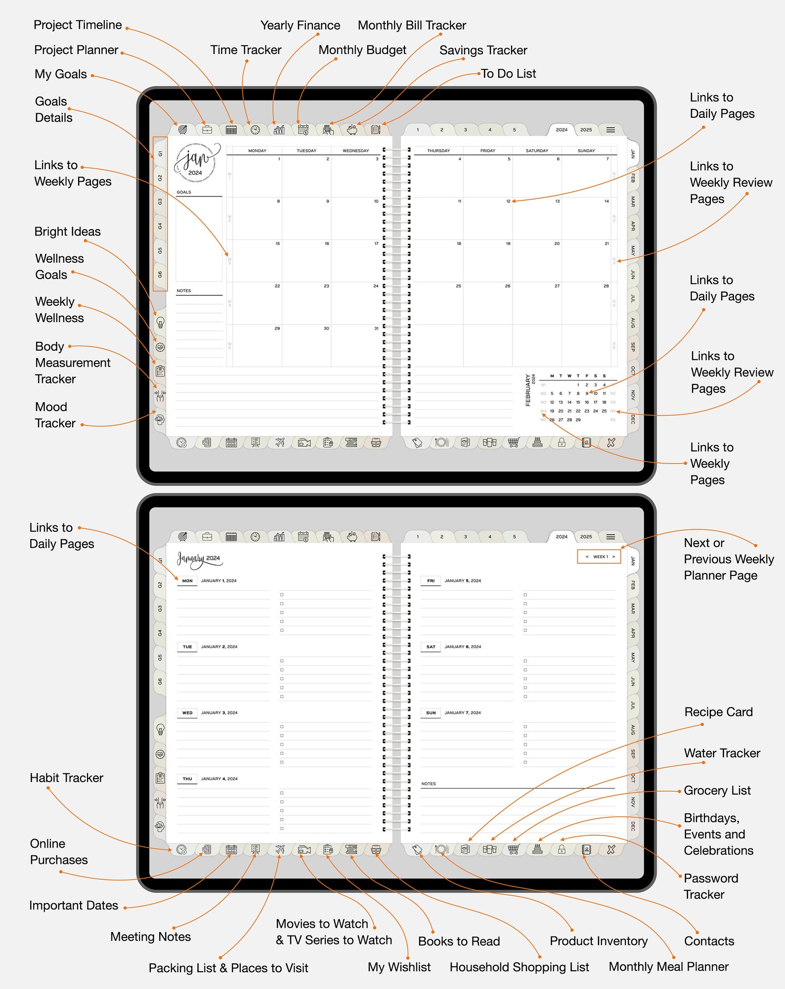 2024 2025 Digital Planner, Light Mode Landscape Digital Planner, iPad ...