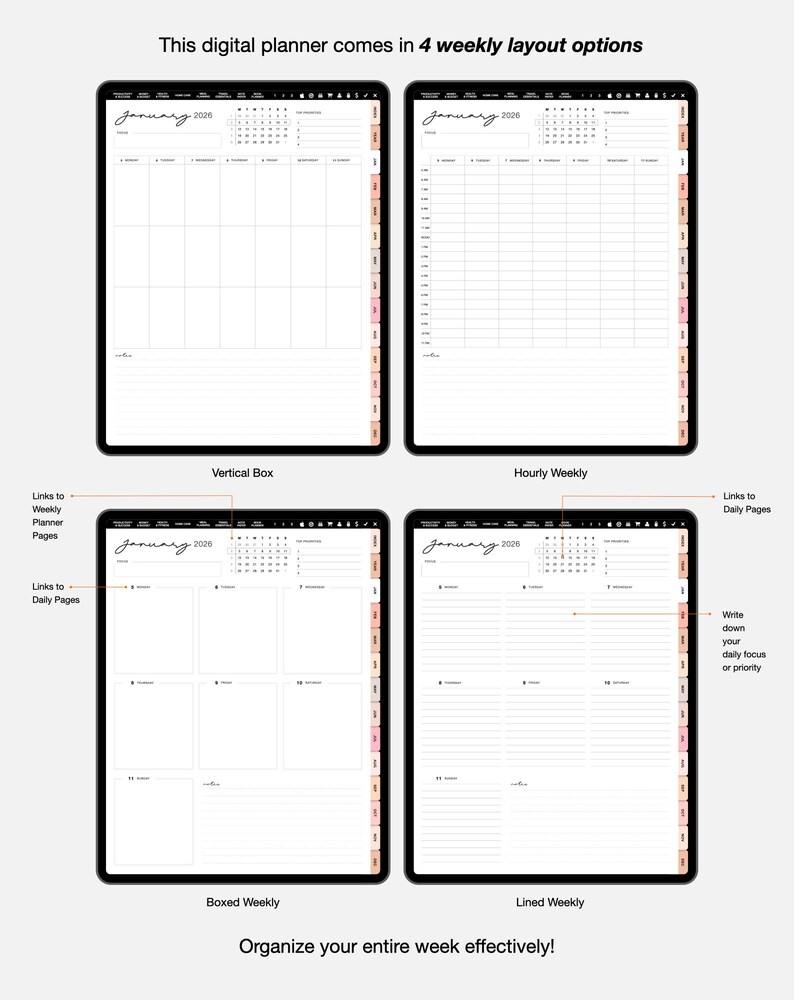 Minimal Digital Planner, 2026, Undated, Rose Gold Tabs, Stickers (PDF ...