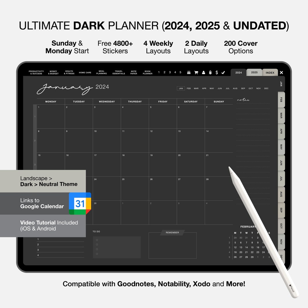 2024 Notability Planner in Dark Mode, 2024 Goodnotes Planner in Dark ...