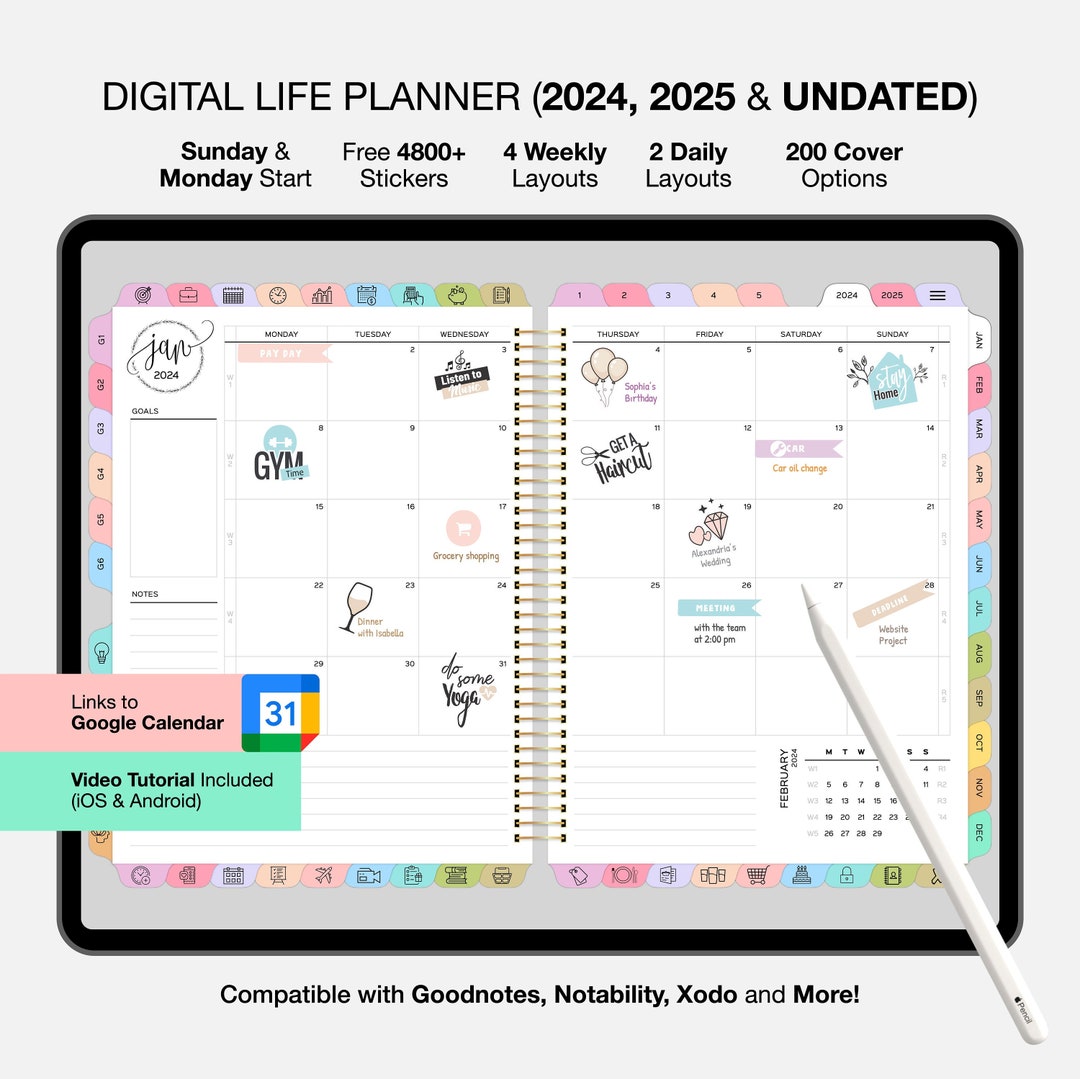 2024 2025 Digital Planner, Hyperlinked Planner, Goodnotes Planner ...