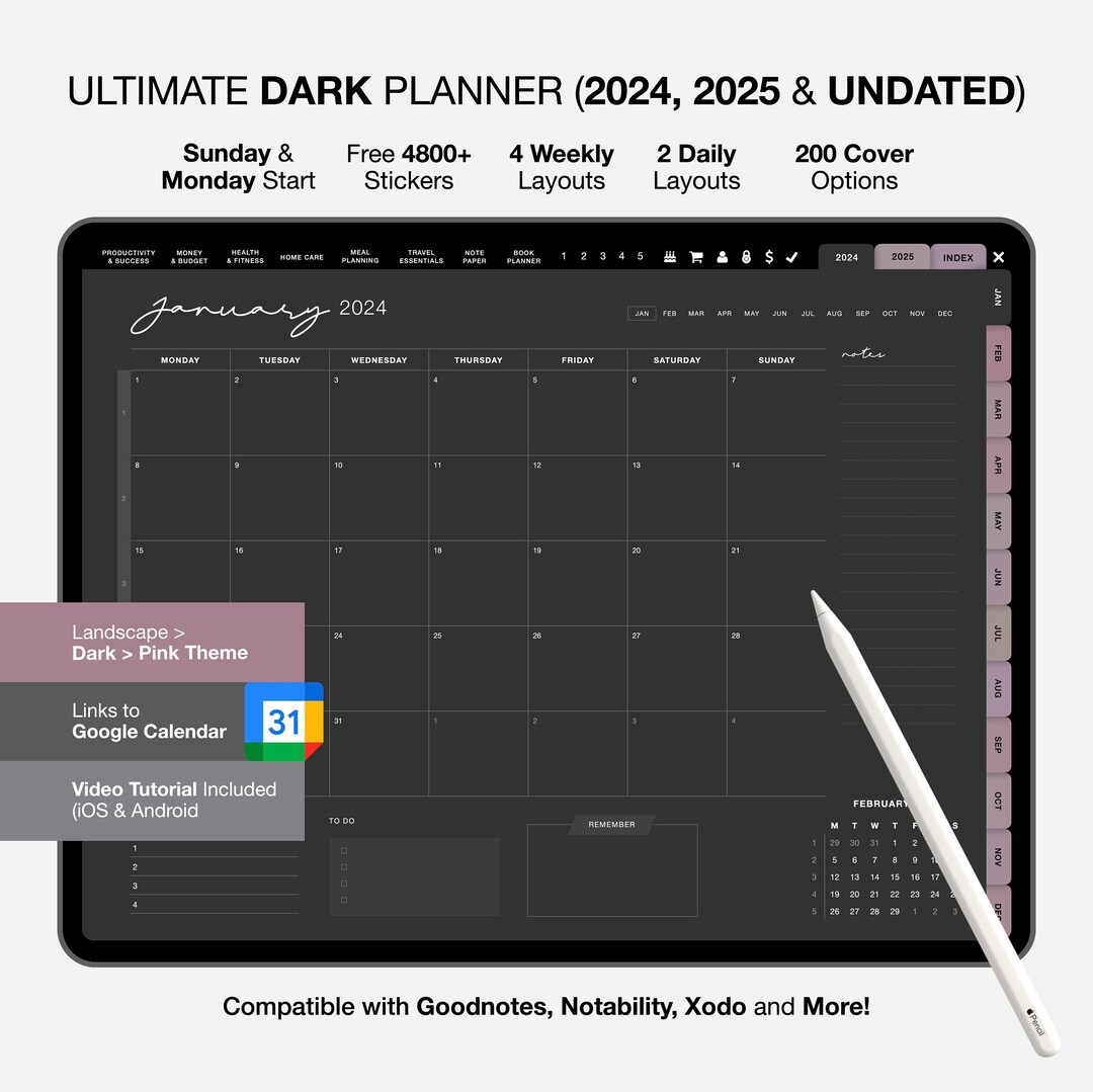 Dark Mode Digital Planner 2024, Digital Planner Dark 2024 - 2025 ...