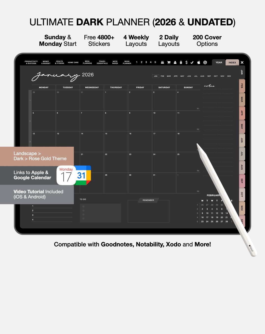 2026 Dark Mode Digital Planner, Rose Gold Tabs, Goodnotes Template (PDF ...
