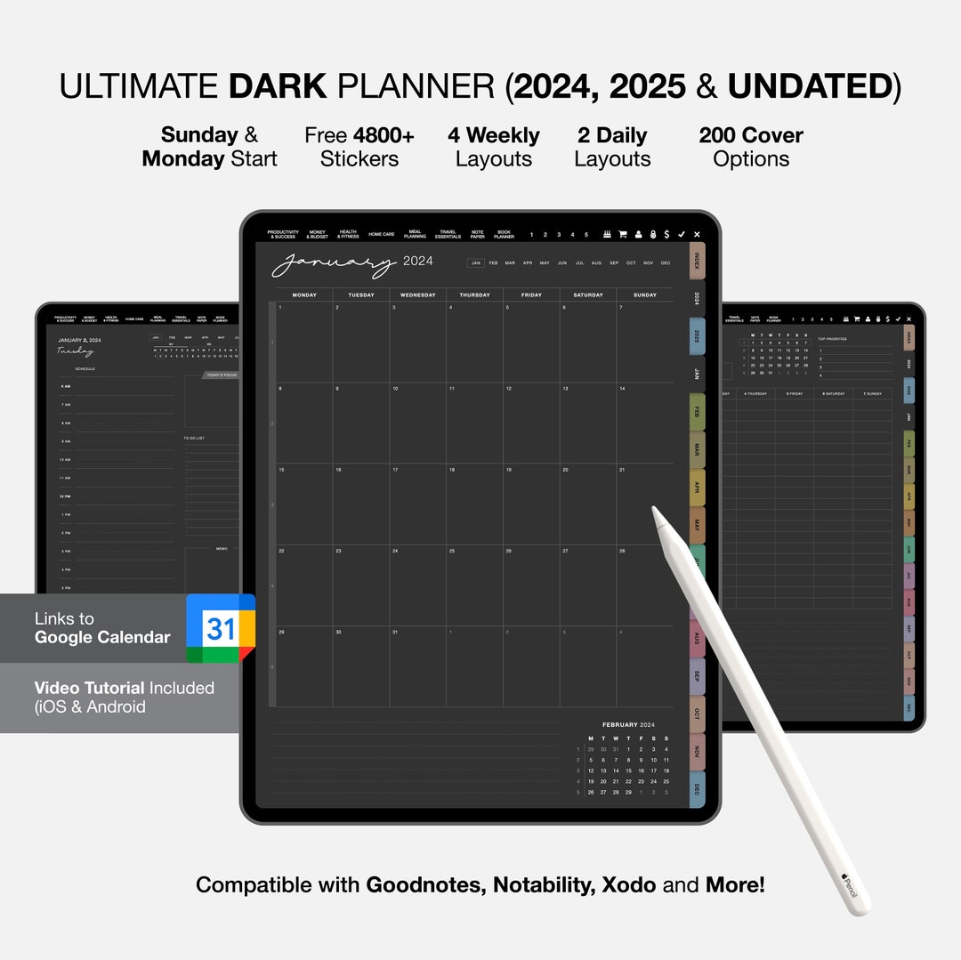 2024 Dark Mode Digital Planner, Dark Mode Notebook Hyperlinked Notebook ...