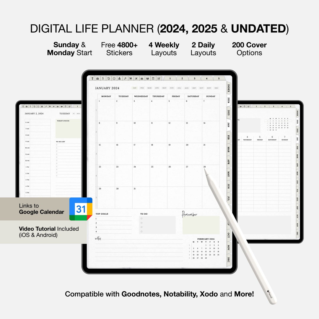 Portrait Digital Planner, Daily, Weekly, Monthly 2024 2025 + Undated ...