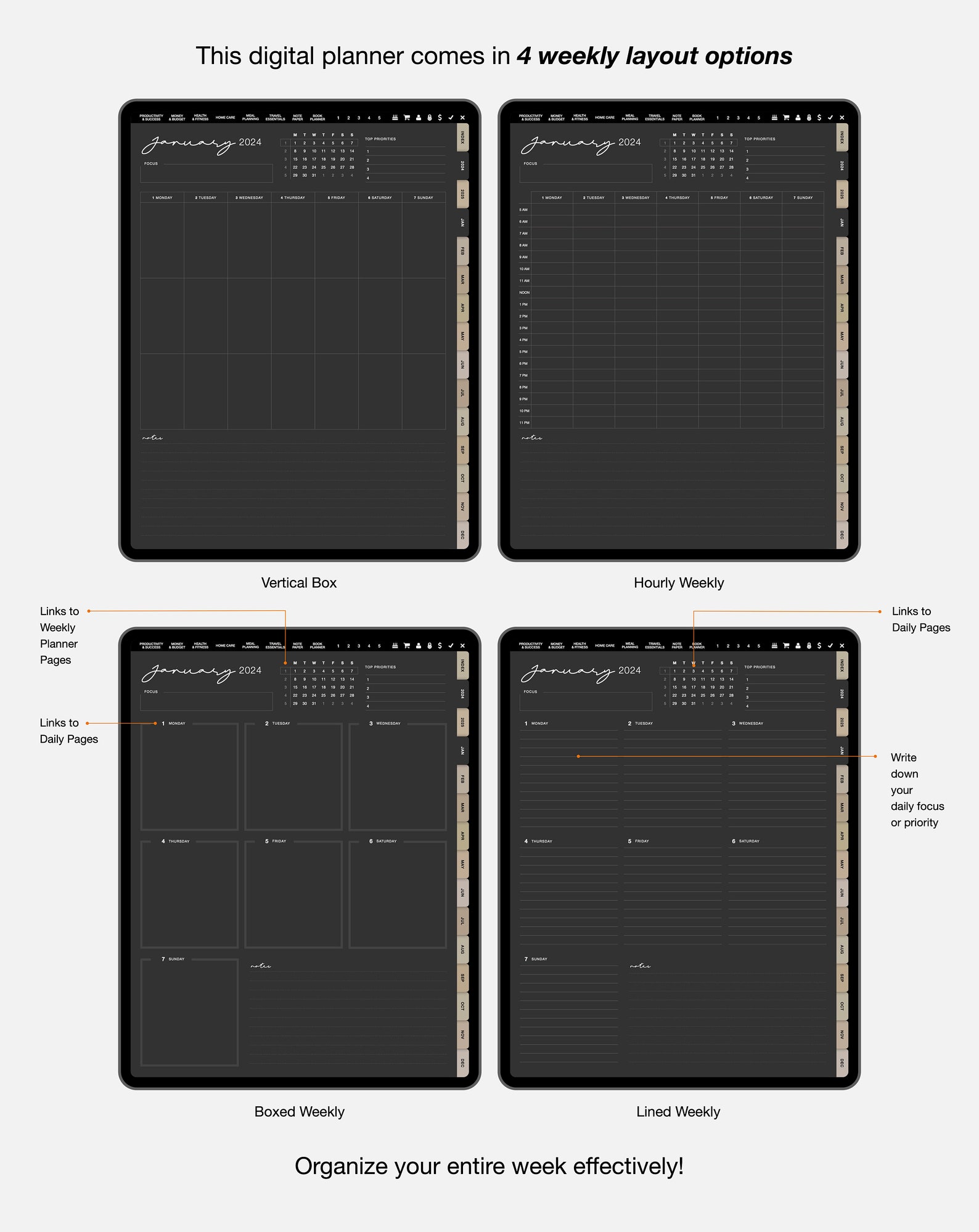 2024 Portrait View Digital Planner in Dark Mode for Ipad, Dark Digital ...